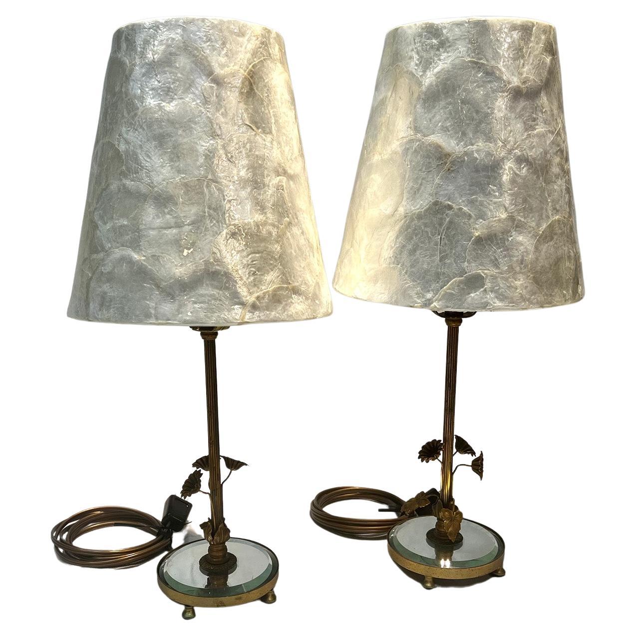 Pair of Shell Table Lamps with Glass Shades For Sale at 1stDibs