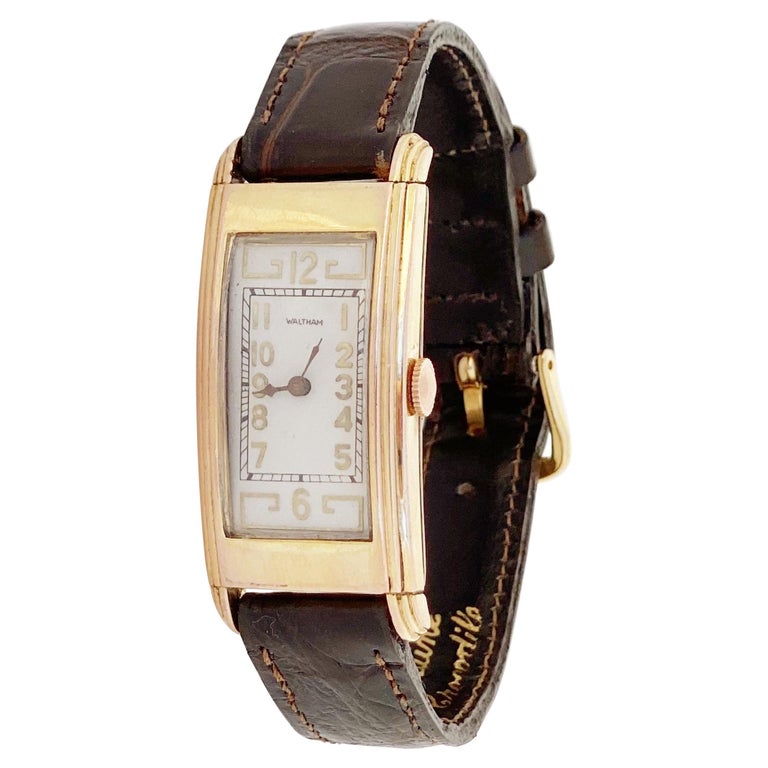 Gold Plated Rectangular Art Deco Style Watch w Crocodile Strap by ...