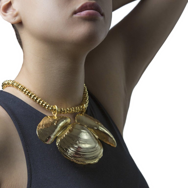Gold Plated Sea Mermaid Shell Mussels Necklace For Sale at 1stDibs