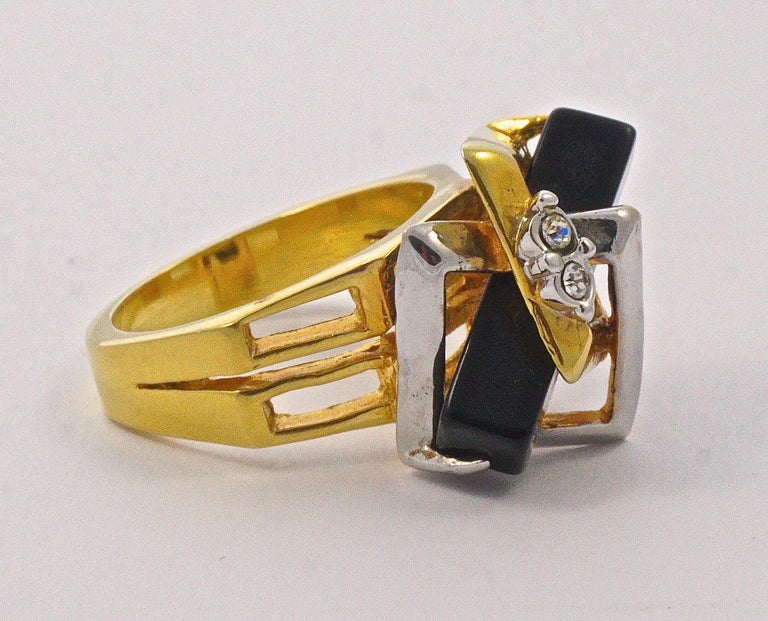 Gold Plated Silver Plated Ring with Black Cuboid and Clear Rhinestone ...