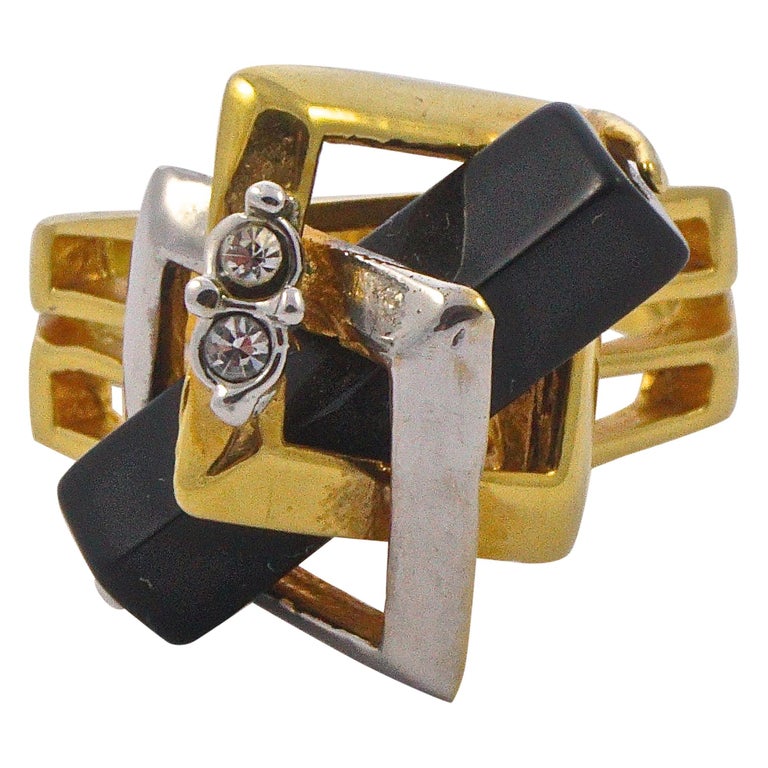 Gold Plated Silver Plated Ring with Black Cuboid and Clear Rhinestone ...