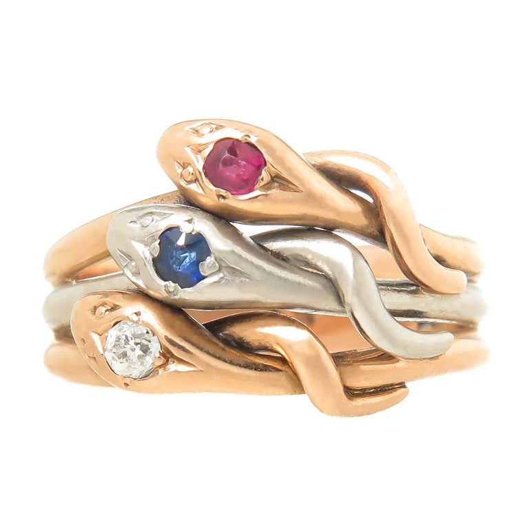 Gold Platinum and Gem Set Late Victorian Triple Snake Ring at 1stDibs ...