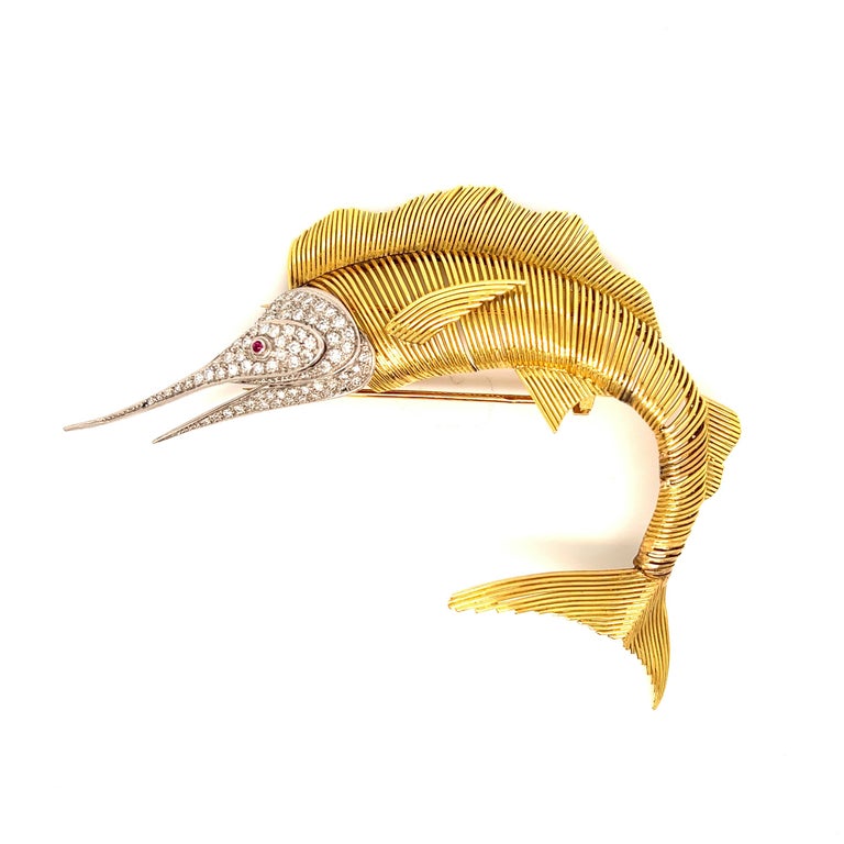 Gold Platinum Diamond Sailfish Brooch For Sale at 1stDibs