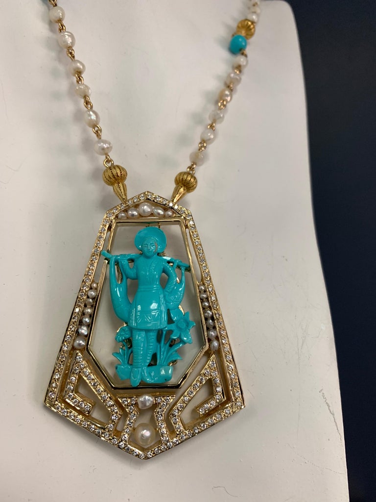 Gold Retro Chinese Hand Carved Natural Turquoise and Diamond Pearl ...