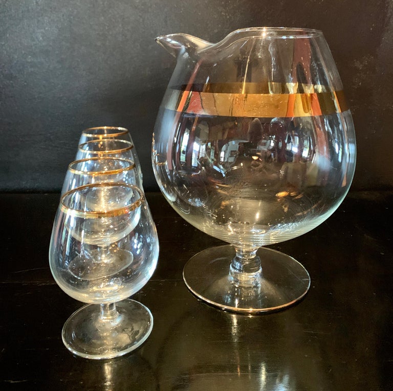 Gold Ring Dorothy Thorpe Brandy Pitcher and Brandy Snifters at 1stDibs