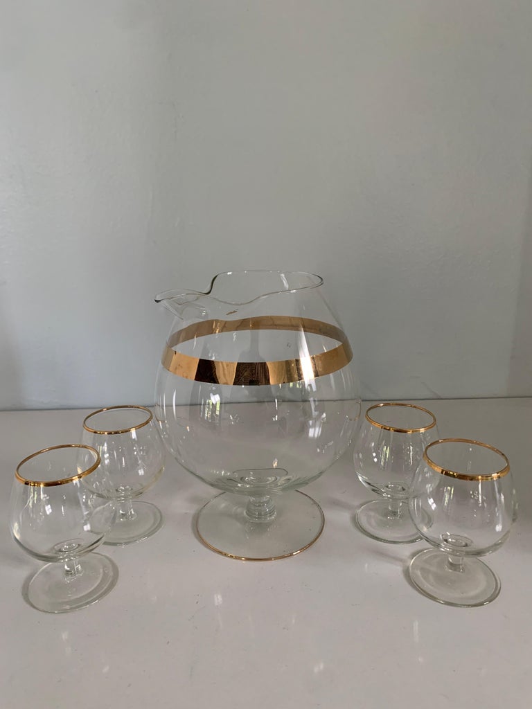 Gold Ring Dorothy Thorpe Brandy Pitcher and Brandy Snifters at 1stDibs