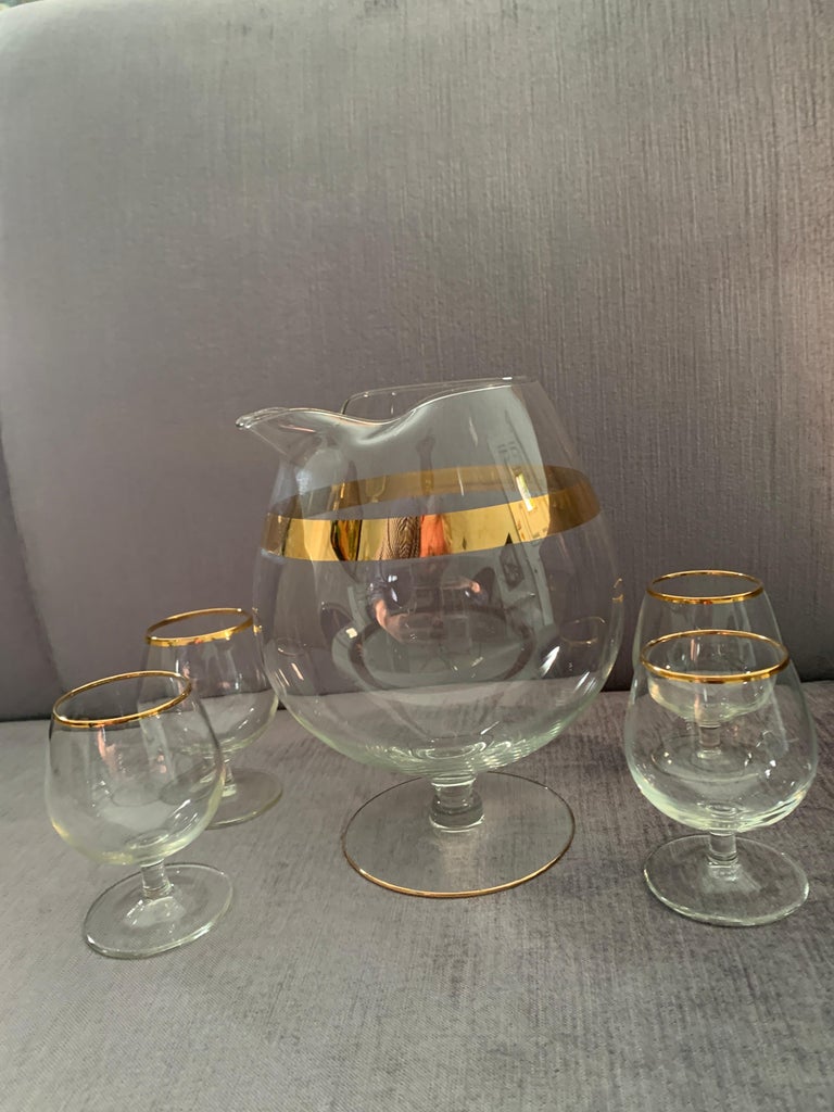 Gold Ring Dorothy Thorpe Brandy Pitcher and Brandy Snifters at 1stDibs