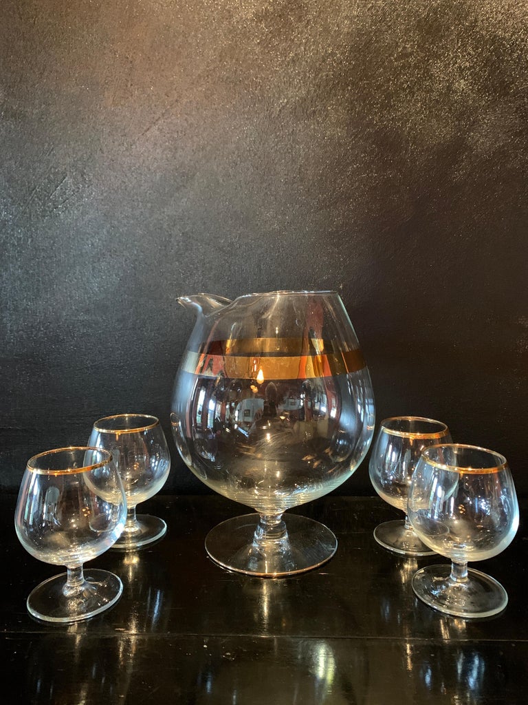 Gold Ring Dorothy Thorpe Brandy Pitcher and Brandy Snifters at 1stDibs