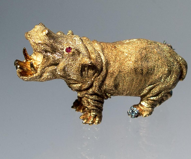 Ruby Diamond Gold Hippopotamus Pin at 1stDibs