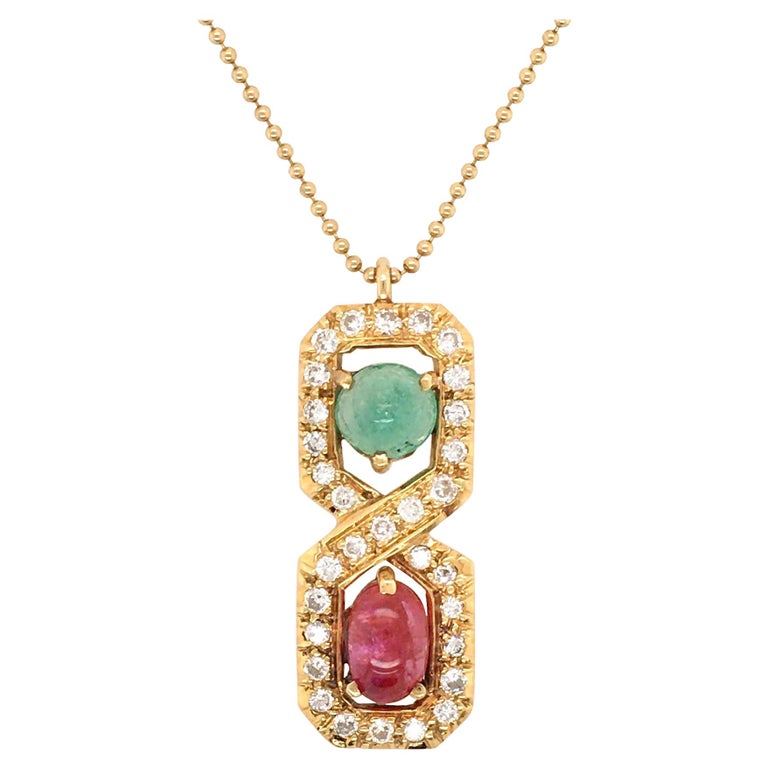 Gold, Ruby, Emerald and Diamond Pendant Necklace For Sale at 1stDibs