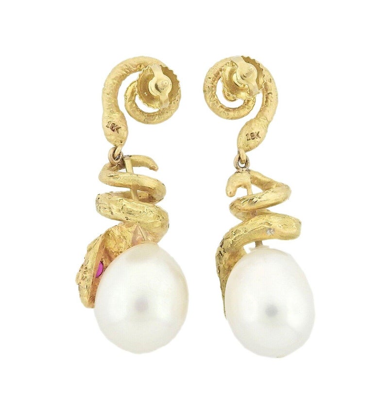 Gold Ruby Pearl Snake Drop Earrings For Sale at 1stDibs