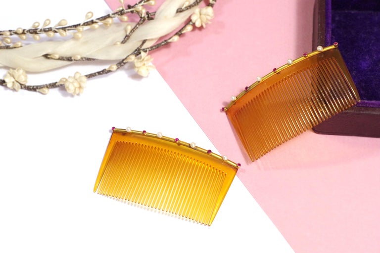Gold Ruby Wedding Combs in 14 Karat Yellow Gold, Wedding Hairstyle For ...