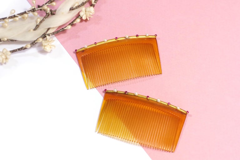 Gold Ruby Wedding Combs in 14 Karat Yellow Gold, Wedding Hairstyle For ...
