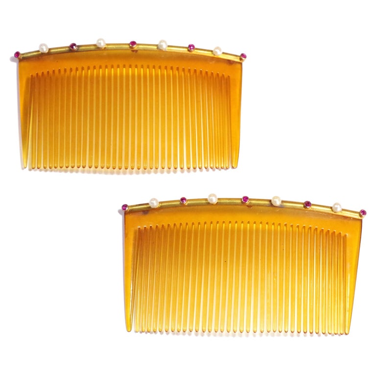 Gold Ruby Wedding Combs in 14 Karat Yellow Gold, Wedding Hairstyle For ...