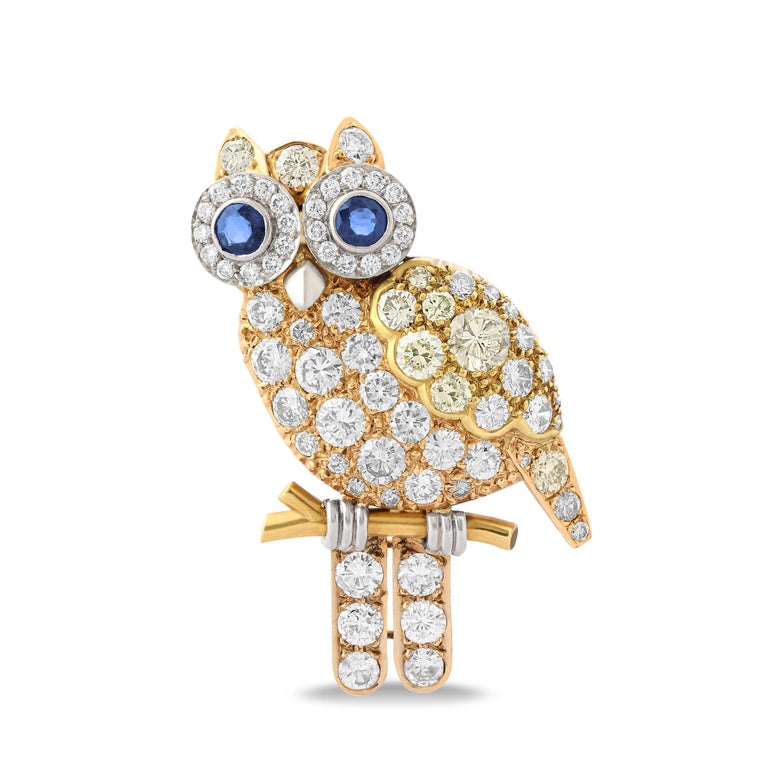Gold, Sapphire and Diamond Owl Brooch by Cartier For Sale at 1stDibs