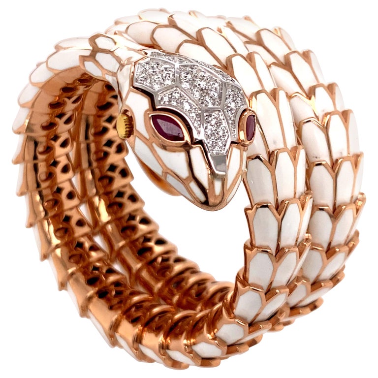 Gold Silver Enamel Ruby and Diamond Bangle Watch, Italy at 1stDibs