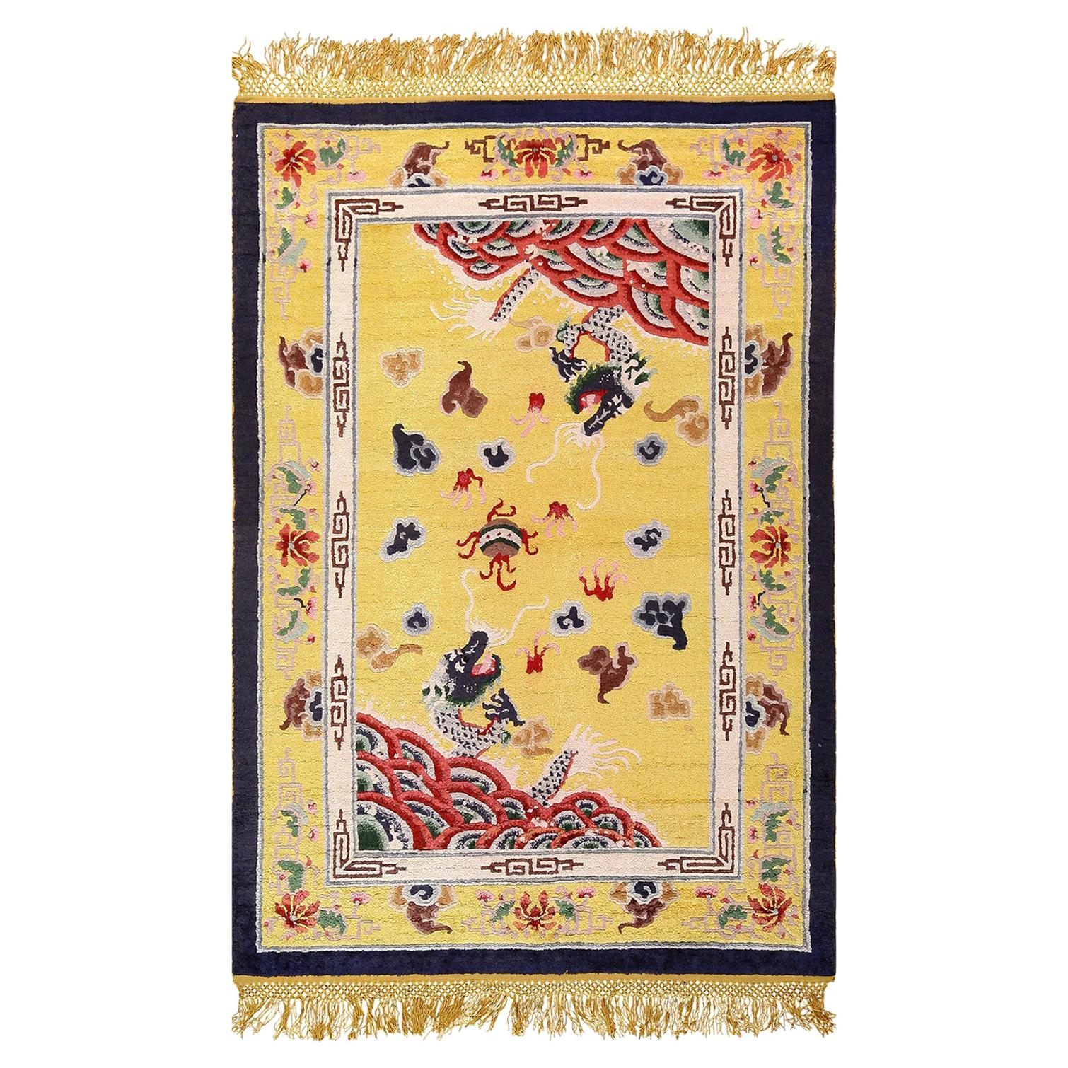 Gold Small Size Dragon Design Antique Silk Chinese Rug. Size: 4 ft x 6 ...