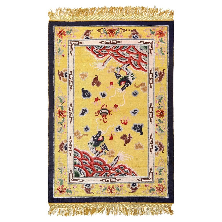 Gold Small Size Dragon Design Antique Silk Chinese Rug. Size: 4 ft x 6 ...