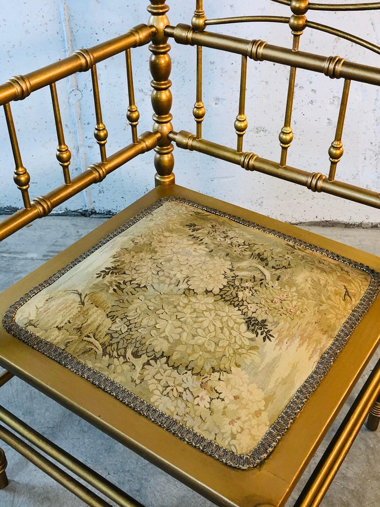 Gold Spindle Back Corner Chair with Floral Fabric Seat For Sale at 1stDibs
