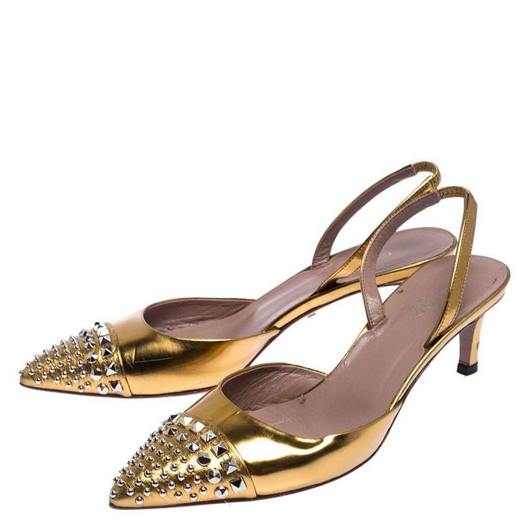 Gold Studded Patent Leather Pointed Toe Kitten Heel Slingback Sandals ...