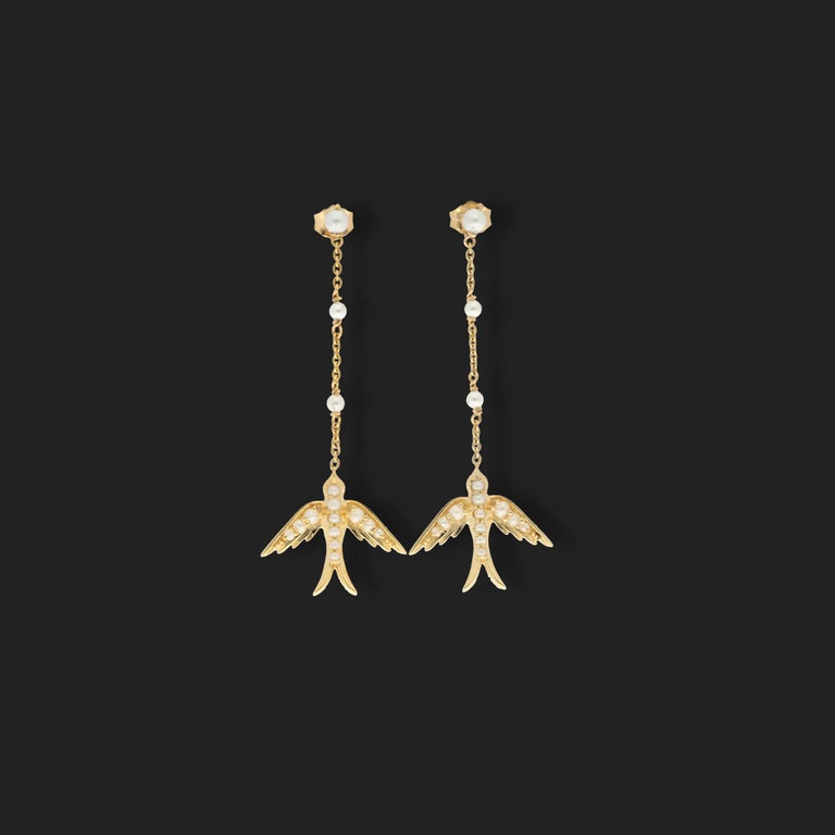 Solid 10K Gold Swallow Dangle Earrings, Long Pearl Bird Earrings For ...