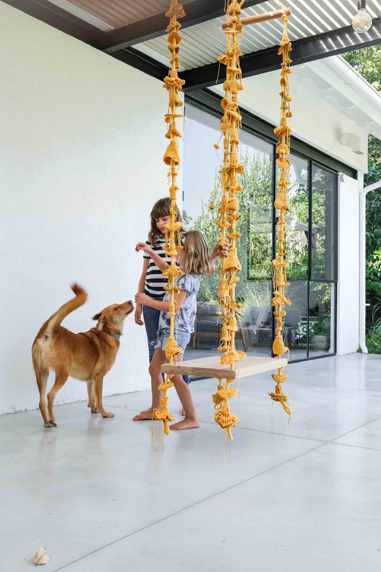 Gold Textile Swing Handmade Crochet in Cotton and Polyester with Oak ...