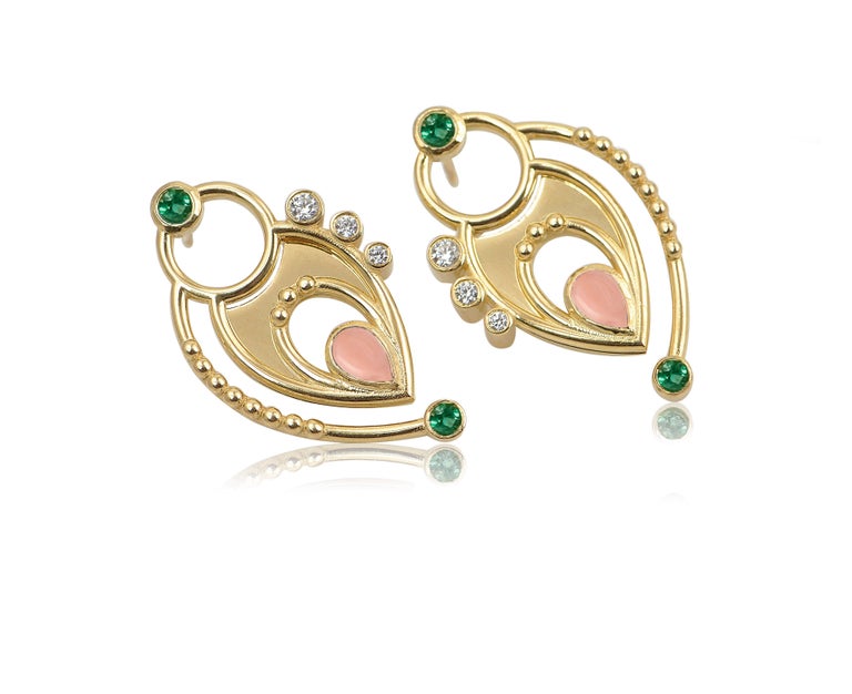 Gold Textures Earrings in 18 Karat Yellow Gold with Diamonds, Coral ...