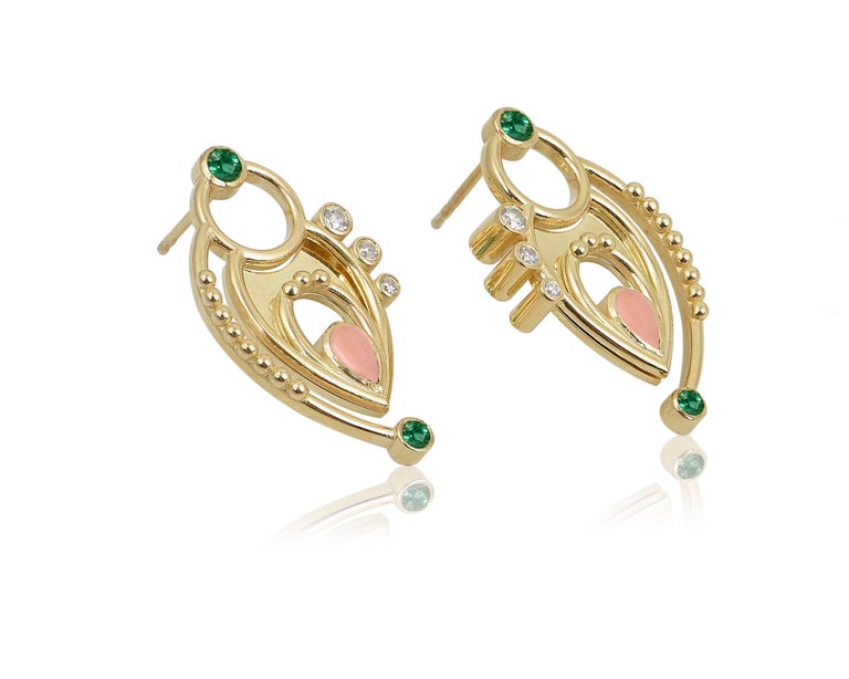 Gold Textures Earrings in 18 Karat Yellow Gold with Diamonds, Coral ...