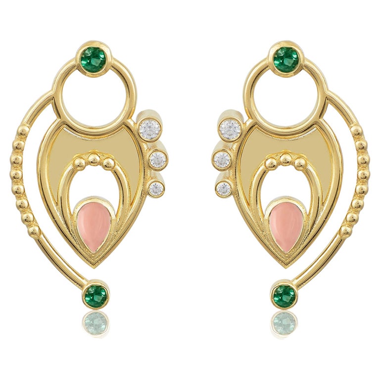 Gold Textures Earrings in 18 Karat Yellow Gold with Diamonds, Coral ...