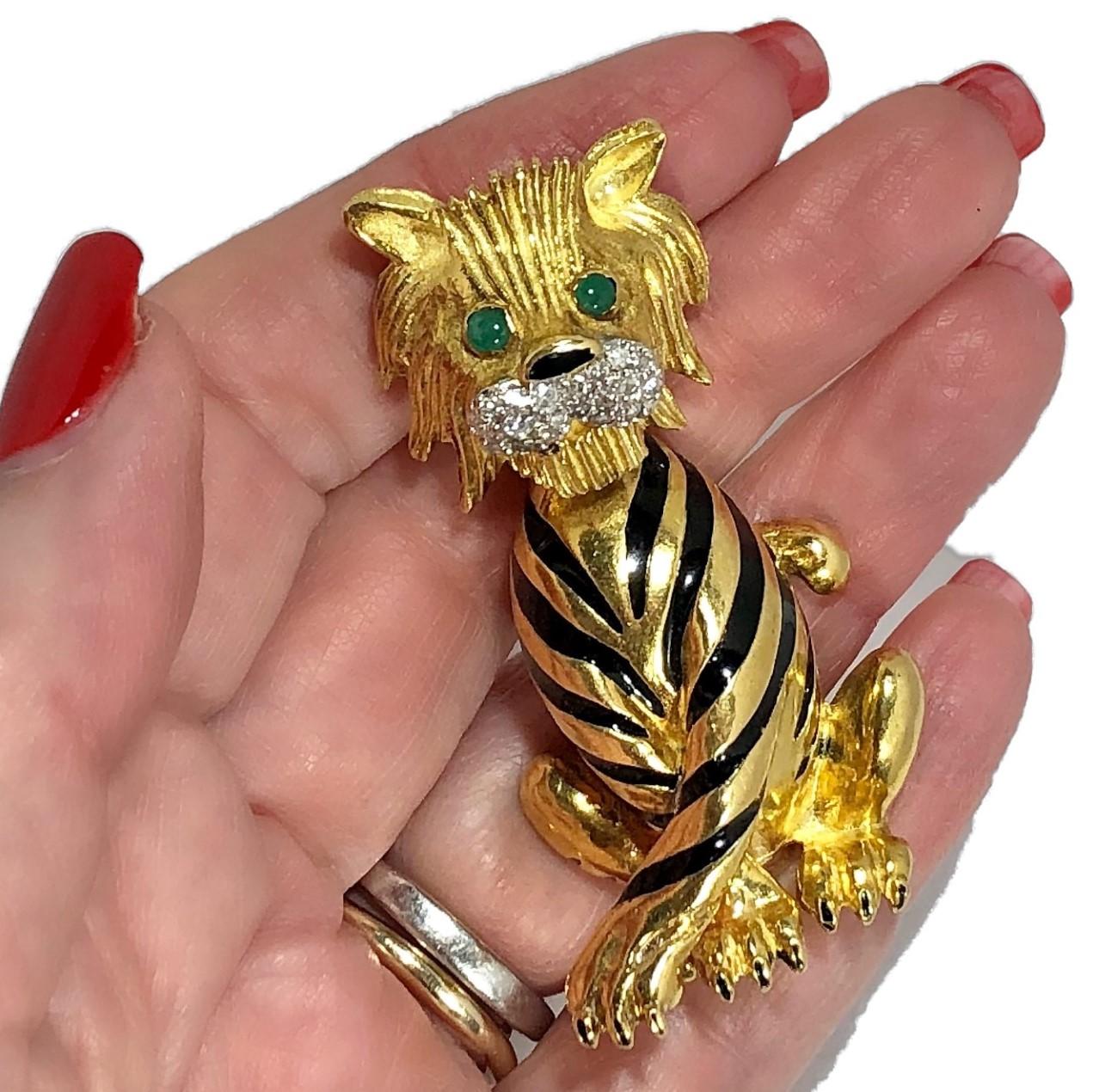 Gold Tiger Brooch with Diamond Bezel, Emerald Eyes and Black Enamel ...