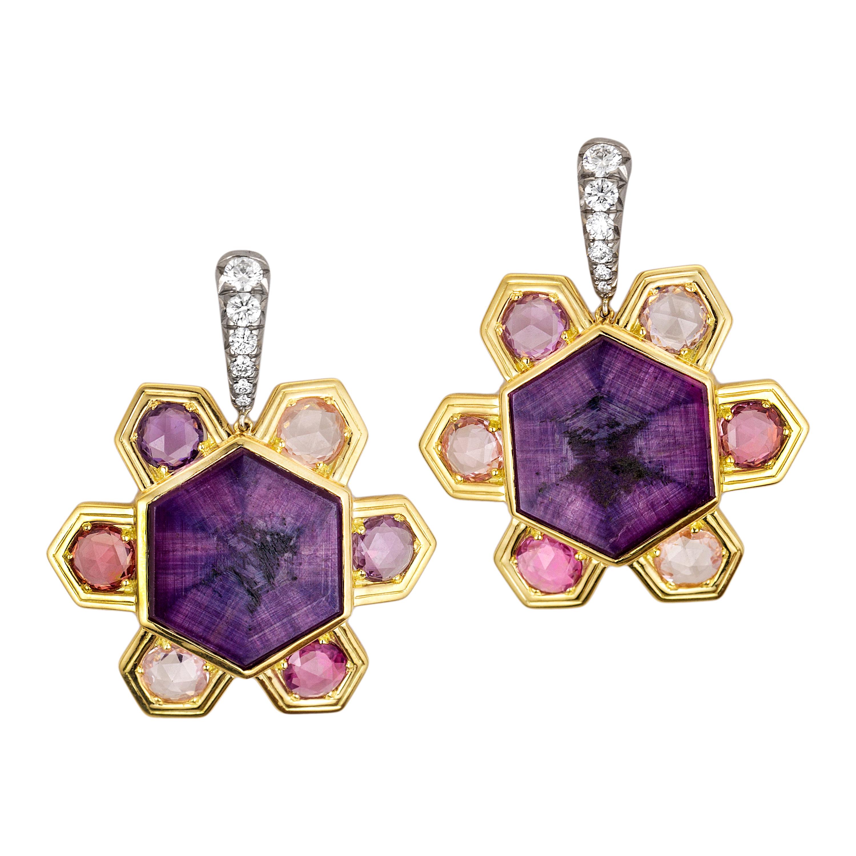 AnaKatarina Gold, Trapiche Ruby, Sapphire and Diamond Earrings at ...
