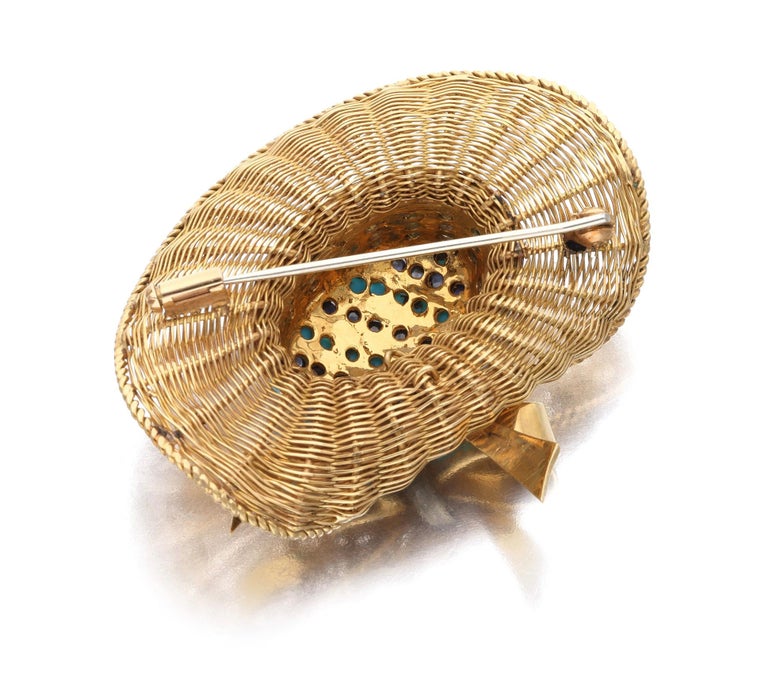 Gold, Turquoise, Sapphire, and Diamond Hat Brooch For Sale at 1stDibs