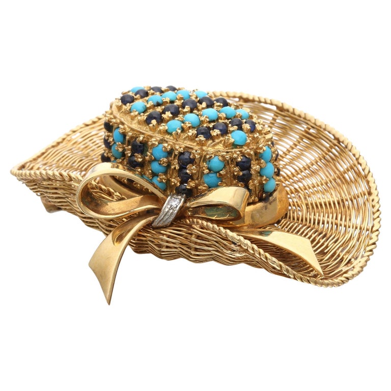 Gold, Turquoise, Sapphire, and Diamond Hat Brooch For Sale at 1stDibs