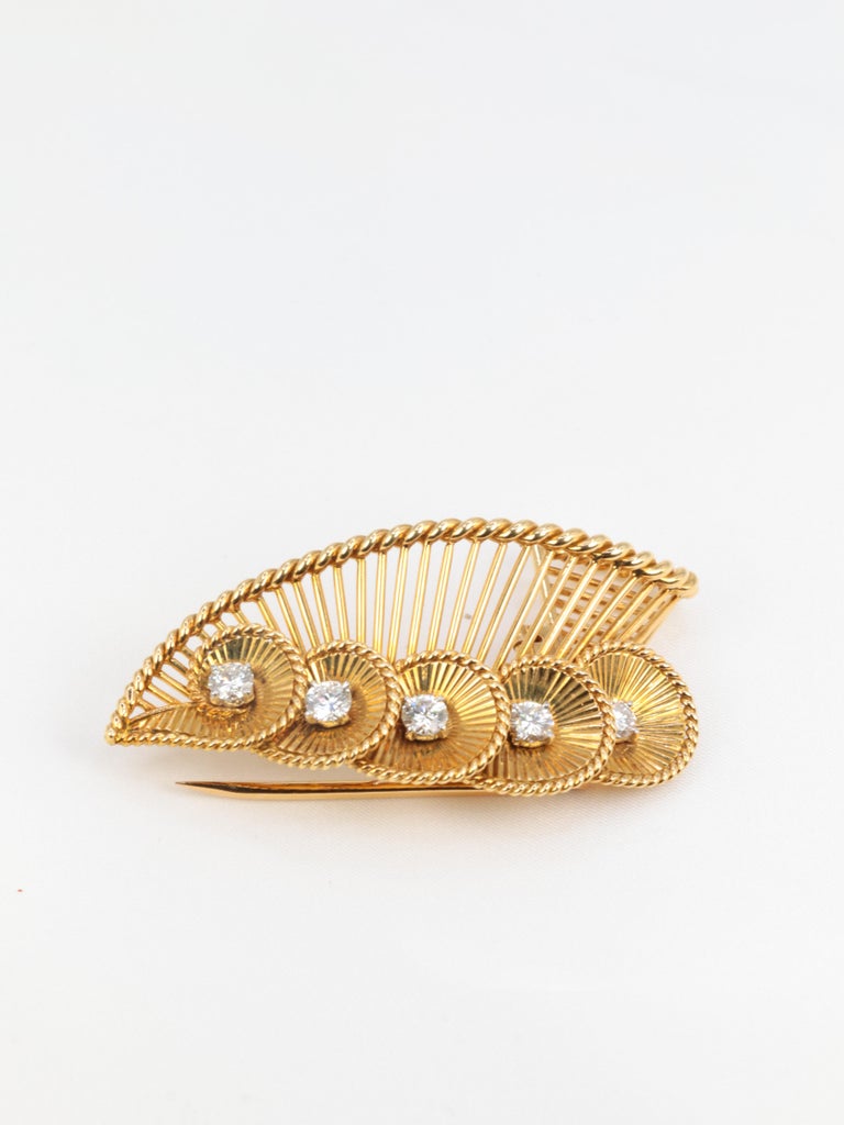 Gold Vintage Cartier Shell Brooch with Diamonds For Sale at 1stDibs