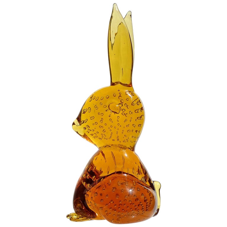Golden Amber Controlled Bubbles Italian Art Glass Vintage Bunny Rabbit ...