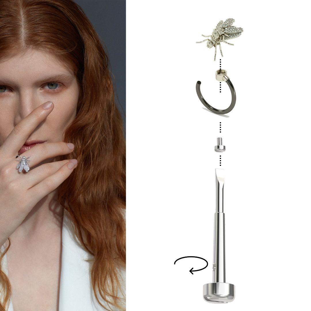 Contemporary Golden and Diamond Fly Ring, 18k Black and white gold For ...