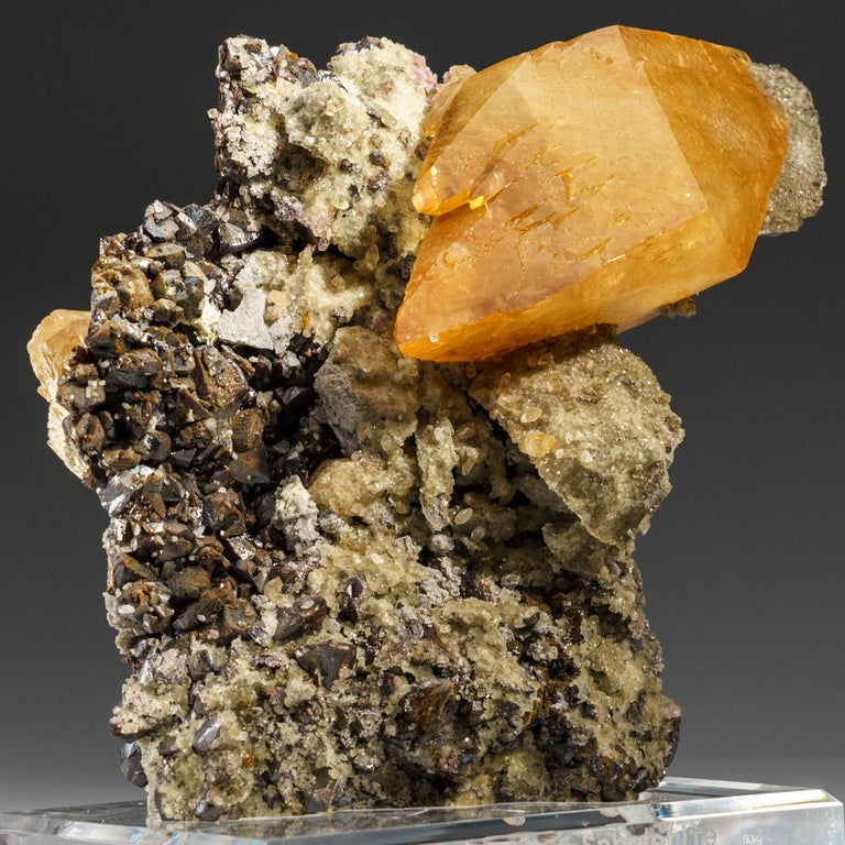 Golden Calcite with Sphalerite Crystal from Elmwood Mine, Tennessee (4 ...