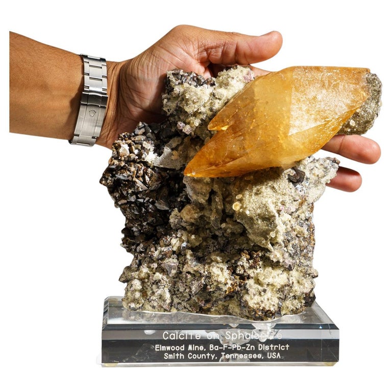 Golden Calcite with Sphalerite Crystal from Elmwood Mine, Tennessee (4 ...
