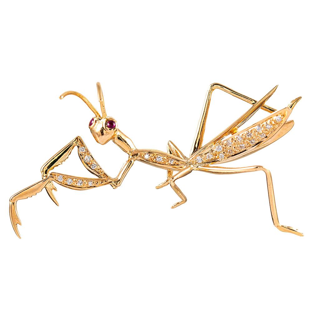 Golden Diamond Praying Mantis Brooch with Ruby Eyes at 1stDibs | golden ...