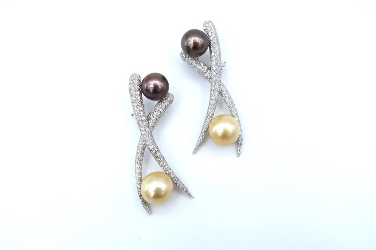 Golden South Sea Tahitian Pearl Pavé Diamond Cross Chopstick 18K Gold ...