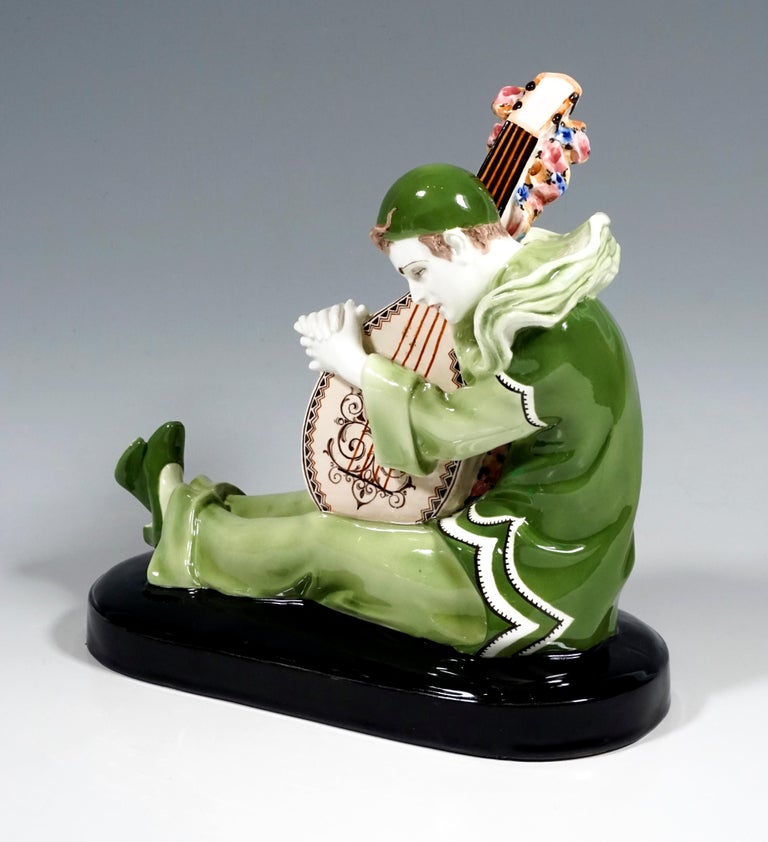 Goldscheider Art Deco Figure Seated Pierrot with Lute by Wilhelm ...