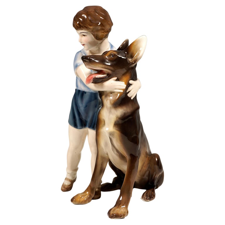 Goldscheider Art Deco Group, Girl with Shepherd Dog, Lorenzl and Postl ...