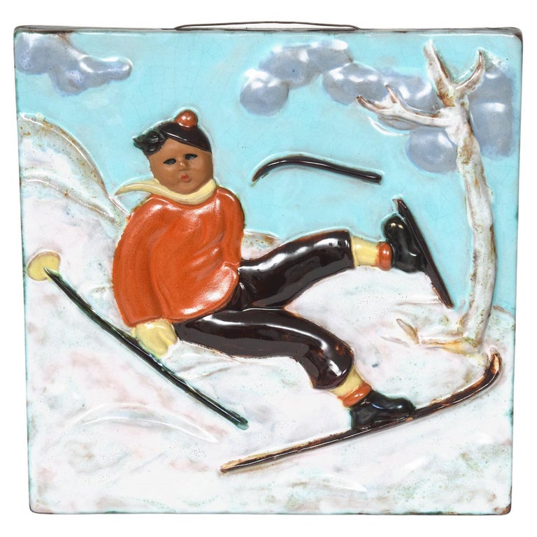 Goldscheider Art Deco Pottery Skier Falling Wall Plaque Tile at 1stDibs
