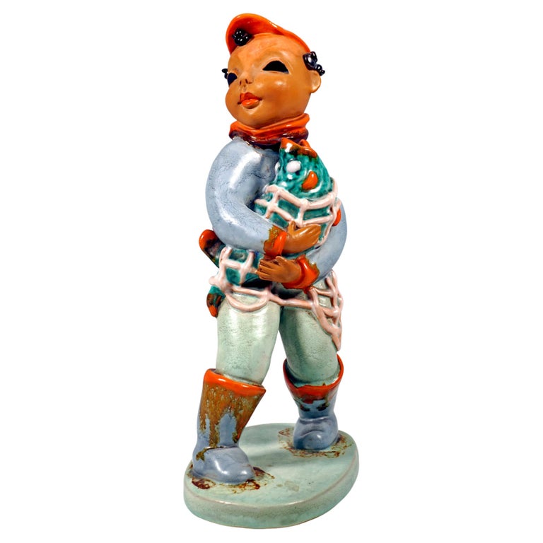 Goldscheider Vienna Art Déco Figure, Boy with Fish, by Kurt Goebel, C ...