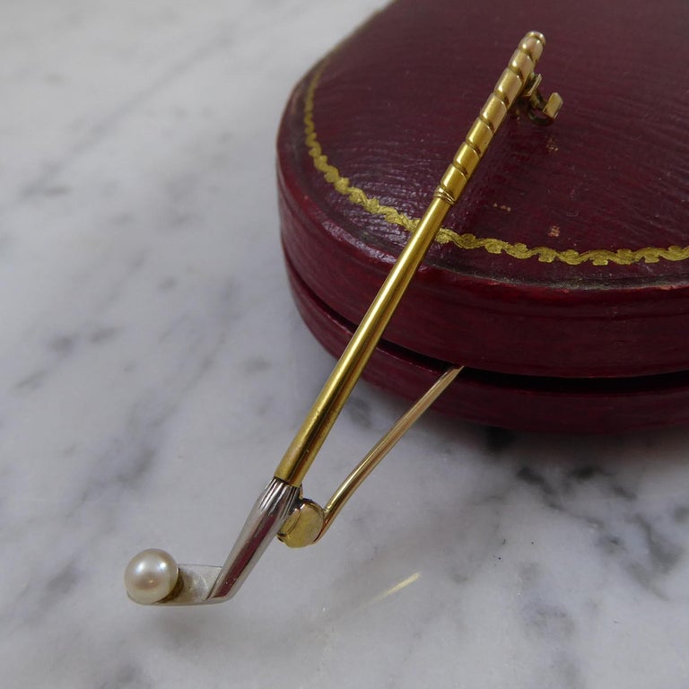 Golf Club Brooch in 18ct Yellow Gold, and Platinum with Pearl "Golf ...