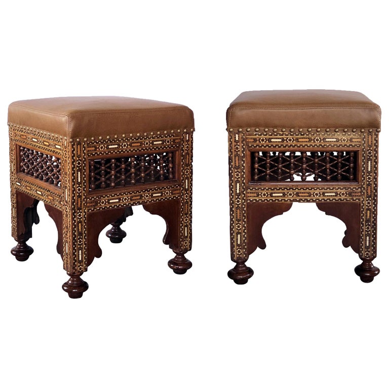 Good Pair of Moroccan Carved and Inlaid Square Upholstered Stools at ...