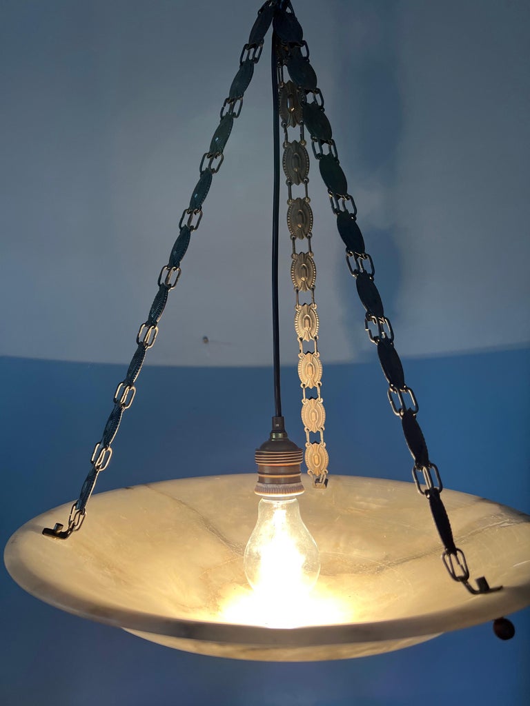 Good Size Art Deco Chandelier with Stunning Alabaster Shade and Brass Chain, 1920 For Sale at ...