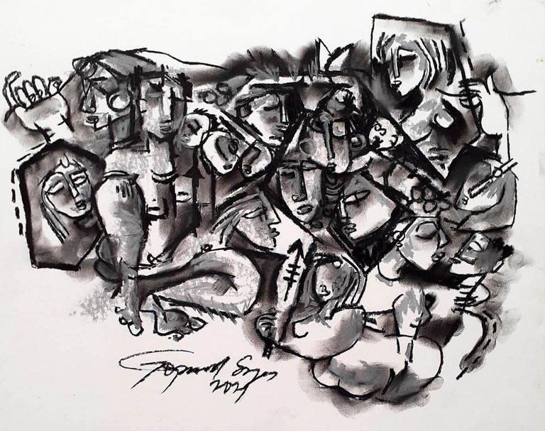 Gopal Sen - Family Time, Mixed media on Paper, Black, White ...
