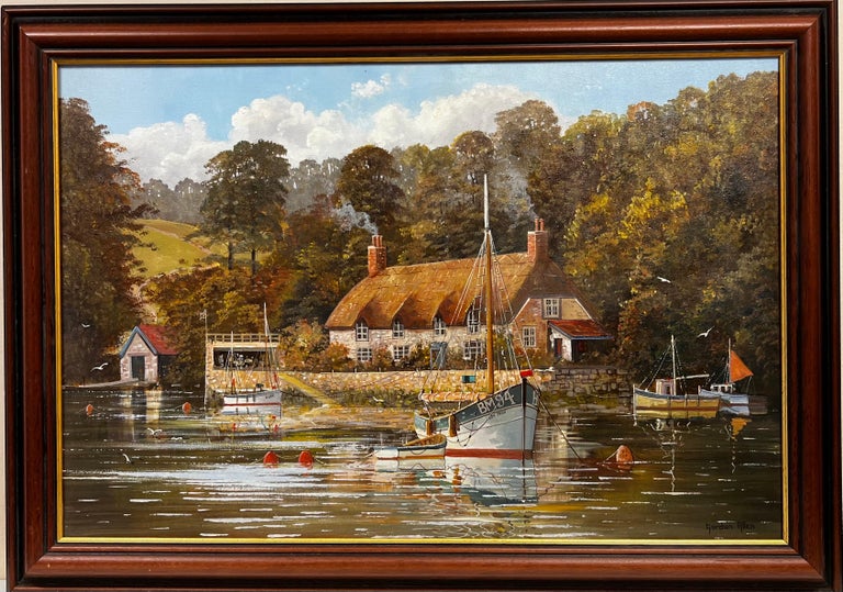 Gordon Allen - Original English Oil Painting Boats Moored by Old River ...