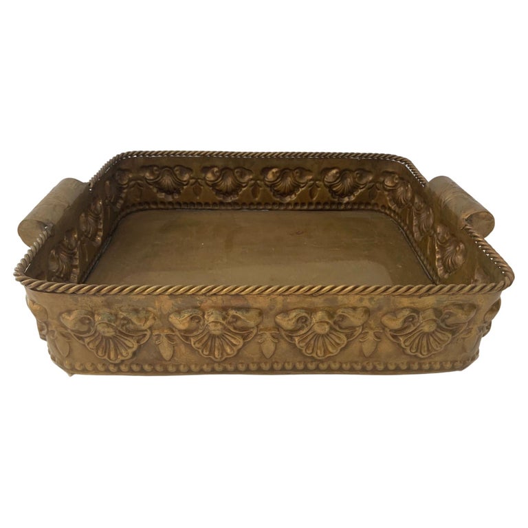 Gorgeous Antique Brass Deep Tray with Clam Shell Adorned Gallery at 1stDibs